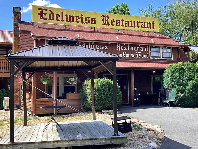 The bright yellow sign of Edelweiss Restaurant stands out like a Bavarian beacon in Staunton, promising authentic German comfort food that'll transport you across the Atlantic.