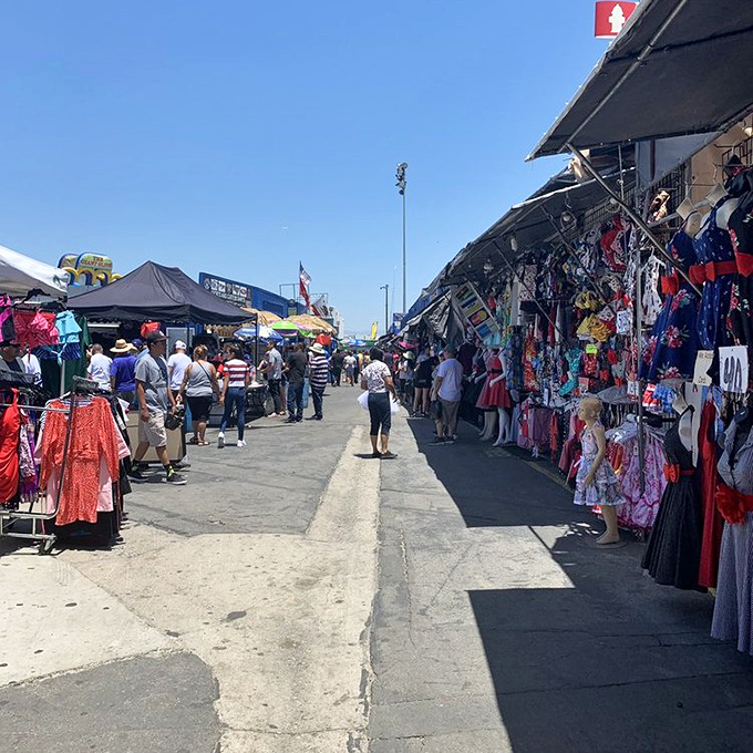 The bustling alleyways of Santa Fe Springs Swap Meet, where treasure hunting becomes an Olympic sport and every aisle promises new discoveries.