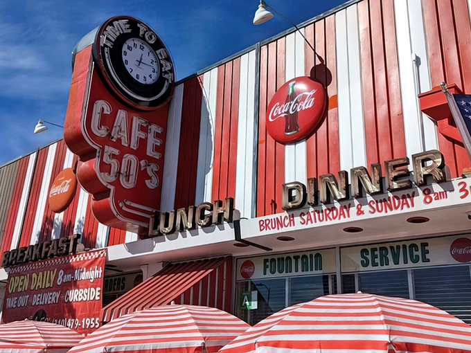 The red and white striped facade of Cafe 50's isn't just eye-catching&mdash;it's a time machine disguised as a diner on Santa Monica Boulevard.