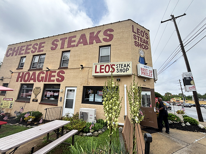 The corner landmark that launched a thousand cravings. Leo's beige exterior with bold red lettering stands as a Delaware County institution under Pennsylvania's big blue sky.