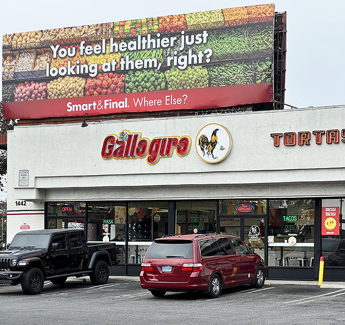 The rooster has landed! El Gallo Giro's iconic storefront in Santa Ana stands as a beacon of authentic Mexican cuisine, its proud logo promising culinary adventures within.