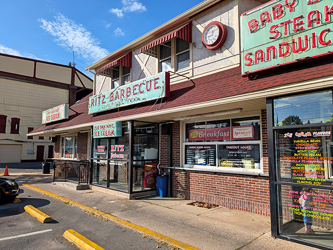The vintage charm of Ritz Barbecue's exterior is like stumbling upon a time capsule of American dining history, complete with that classic neon signage.