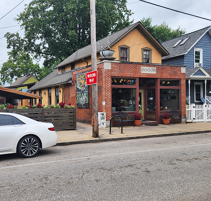 The charming brick-and-yellow facade of Lucky's Cafe stands like a culinary lighthouse in Cleveland's Tremont neighborhood, beckoning hungry travelers with promises of homemade delights.