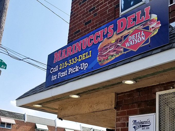 The brick facade and bold red sign announce Marinucci's presence like a sandwich town crier: "Come hither, ye hungry masses!"