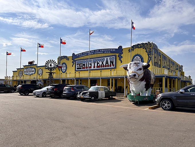 The yellow facade of The Big Texan shines like a beacon of beef-related hope on the Texas horizon. Those flags aren't just for show&mdash;they're summoning you to steak paradise. 