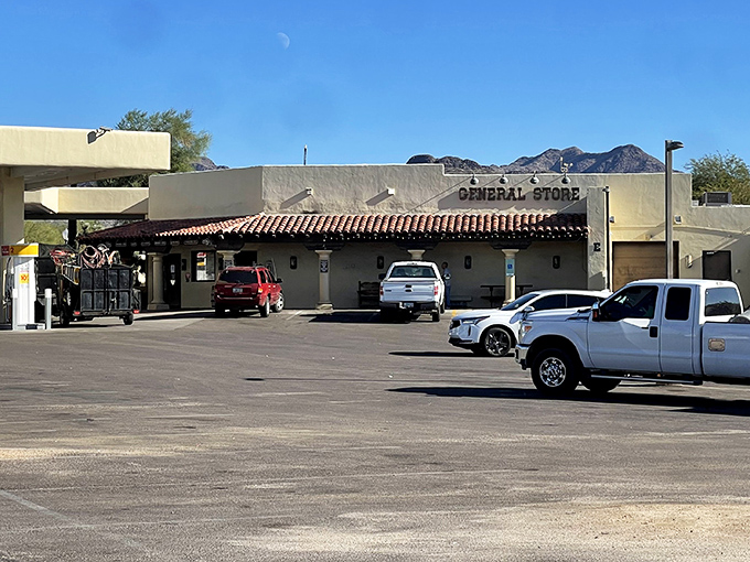 The unassuming exterior of Pinnacle Peak General Store hides culinary treasures behind those adobe walls and weathered wooden doors.