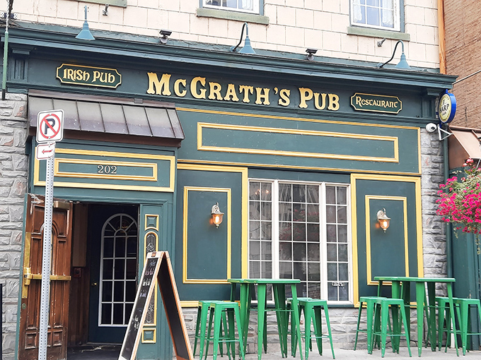 The emerald facade of McGrath's Pub beckons like an Irish lighthouse on Locust Street, its gold trim and wooden door promising authentic Celtic comfort in Pennsylvania's capital.