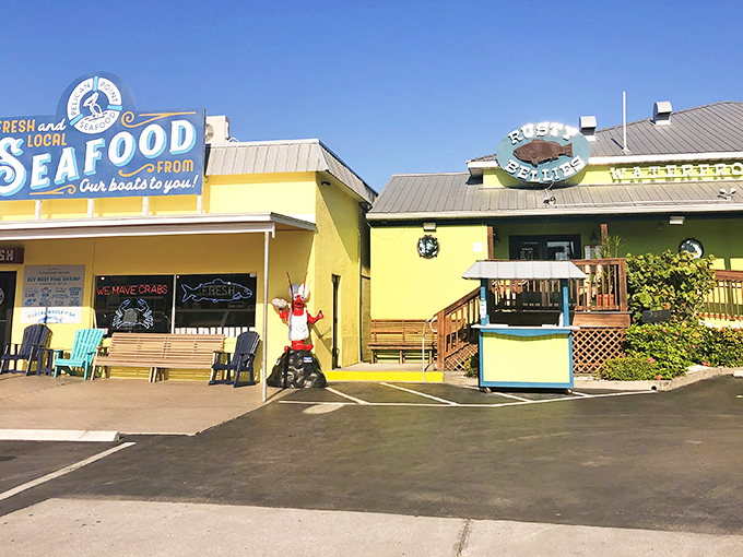 The cheerful yellow exterior of Rusty Bellies promises seafood treasures within, like a maritime version of Willy Wonka's factory&mdash;but with stone crabs instead of chocolate.