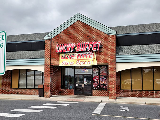 The bright red "Lucky Buffet" sign beckons hungry travelers like a lighthouse for the famished. Those colorful pennants aren't just decoration&mdash;they're celebration flags.