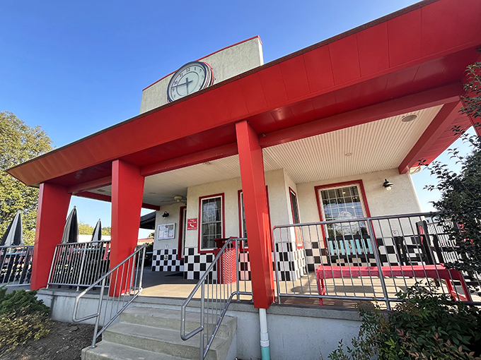The bright red awning of DJ's beckons like a time portal to the 1950s, promising nostalgic comfort and classic American fare in Lancaster.