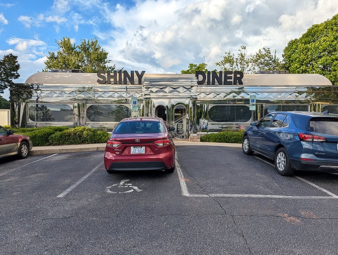 Chrome dreams come true at The Shiny Diner, where the exterior gleams like a time machine ready to transport you back to the golden age of American dining.