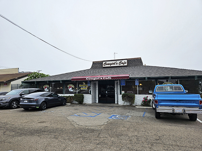 The unassuming exterior of Cowgirls Cafe proves once again that culinary treasures often hide in plain sight. That blue pickup truck knows what's up.