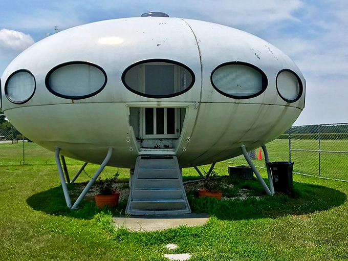 The ultimate tiny home for aspiring astronauts! This Futuro House in Milton looks ready for liftoff with its distinctive flying saucer shape and oval portholes.