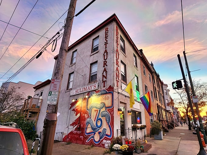 Sulimay's iconic red sign welcomes hungry visitors to this Fishtown cornerstone, where the pride flag signals everyone's welcome at the breakfast table.