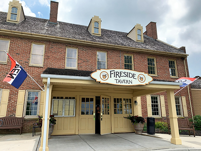 The historic brick fa&ccedil;ade of Fireside Tavern stands proudly in Strasburg, welcoming hungry travelers with its colonial charm and promise of culinary delights within.