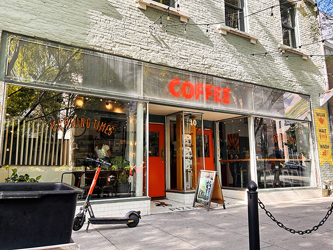 The mint-green exterior with that bold red door is like a secret handshake &ndash; once you know it, you're part of the Morning Times club.