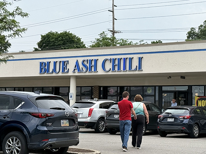 The unassuming strip mall exterior of Blue Ash Chili hides a Cincinnati culinary landmark that's been drawing chili pilgrims for decades.