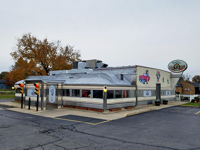 The classic silver diner exterior of Nancy's shines like a beacon of comfort food hope on Grafton's Main Street. Time travel never looked so delicious.