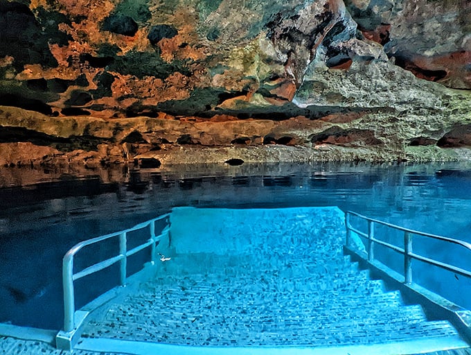 The ethereal blue waters of Devil's Den create an underground oasis that feels like stepping into another world entirely. Nature's own light show included!