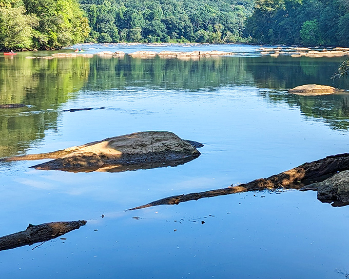 Mirror-like waters reflecting Georgia's soul. The Chattahoochee's gentle curves and scattered boulders create nature's own meditation space.