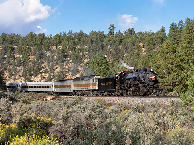 The mighty steam locomotive chugs through Arizona's high desert, a magnificent iron horse pulling passengers through time as much as through scenery.