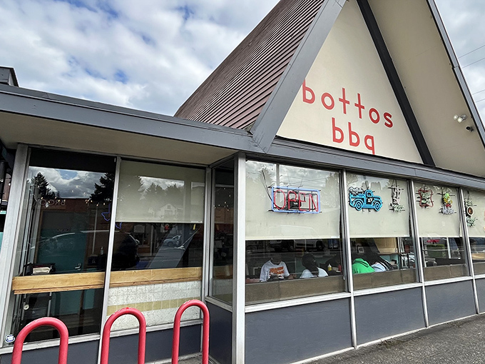 The iconic A-frame of Botto's BBQ stands like a beacon of smoky promise against the Portland sky. Simple, unpretentious, and absolutely magnetic to meat lovers.