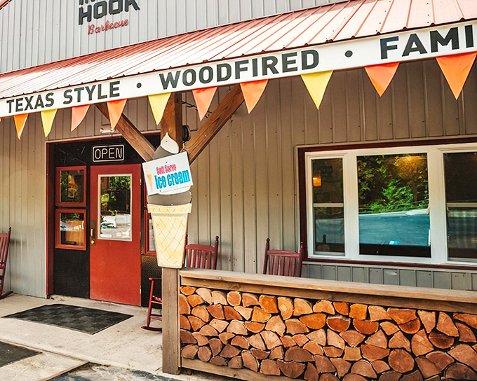 The unassuming exterior of Meat Hook BBQ promises Texas-style goodness with that cheerful ice cream cone sign—because what's a barbecue feast without dessert?