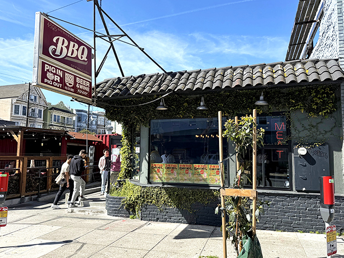 The ivy-covered façade of 4505 BBQ beckons like a smoky siren, promising meaty treasures within this unassuming San Francisco gem.