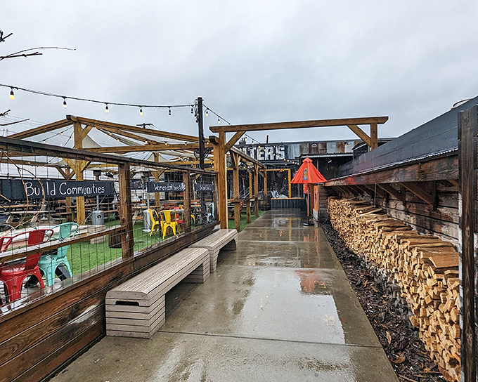 The unassuming exterior of Walter's Southern Kitchen promises no frills, just thrills for your taste buds. String lights and green awnings set the stage for BBQ magic.