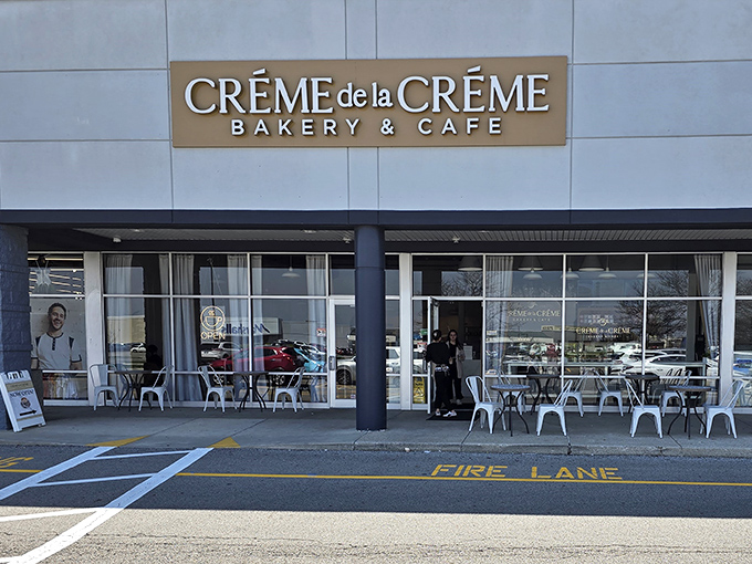 The golden signage beckons like a lighthouse for the breakfast-starved. Cr&eacute;me de la Cr&eacute;me's modern exterior promises European delights in suburban Columbus.