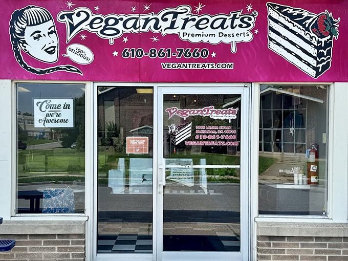 The pink storefront of Vegan Treats beckons like a dessert oasis in Bethlehem. That retro signage isn't lying&mdash;premium desserts await inside.