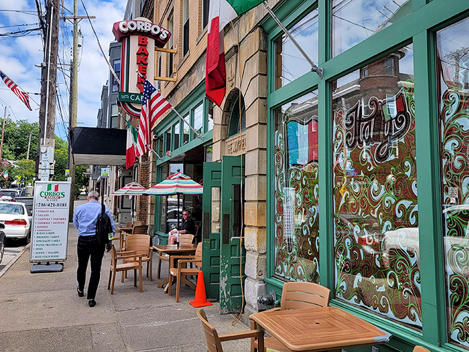 The iconic red, white, and green striped awning of Corbo's stands like a delicious beacon in Cleveland's Little Italy. Sidewalk seating invites you to linger and people-watch.