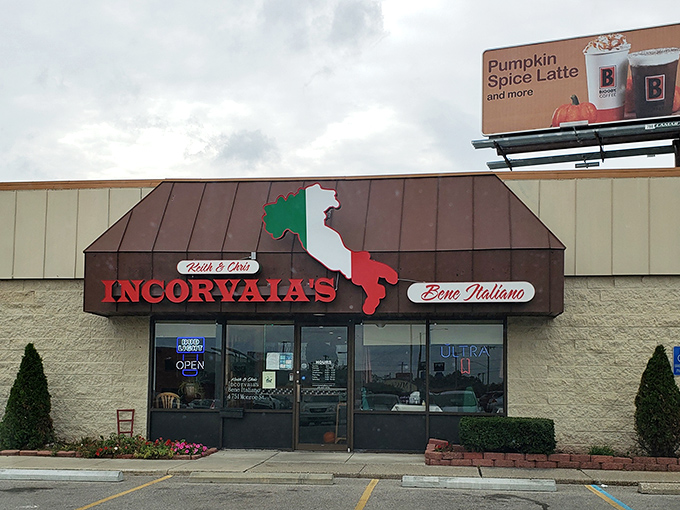 The iconic red Incorvaia's sign with Italy's boot silhouette promises authentic flavors before you even step through the door.