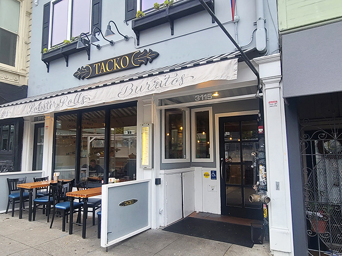 Tacko's charming blue exterior on Fillmore Street promises a nautical-themed Mexican adventure that delivers on both style and substance.