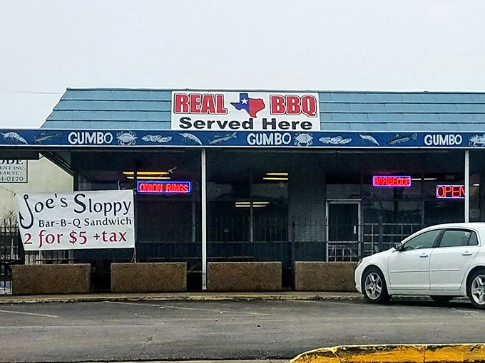 The blue awning with "GUMBO" repeated like a delicious mantra tells you everything you need to know about this Dallas treasure.