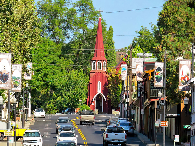 St. James Episcopal Church's iconic red steeple stands like an exclamation point in downtown Sonora, announcing "Yes, this town is exactly as charming as you hoped!"
