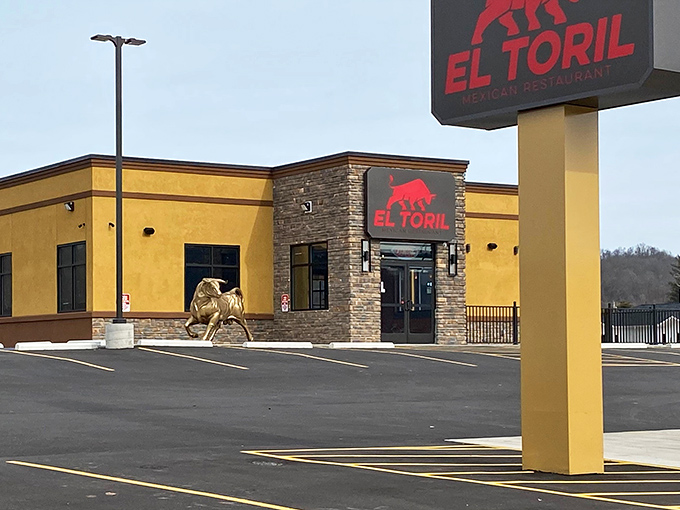 The glowing red bull sign beckons hungry travelers like a culinary lighthouse in the night. Small-town Ohio, big-time flavors await inside.