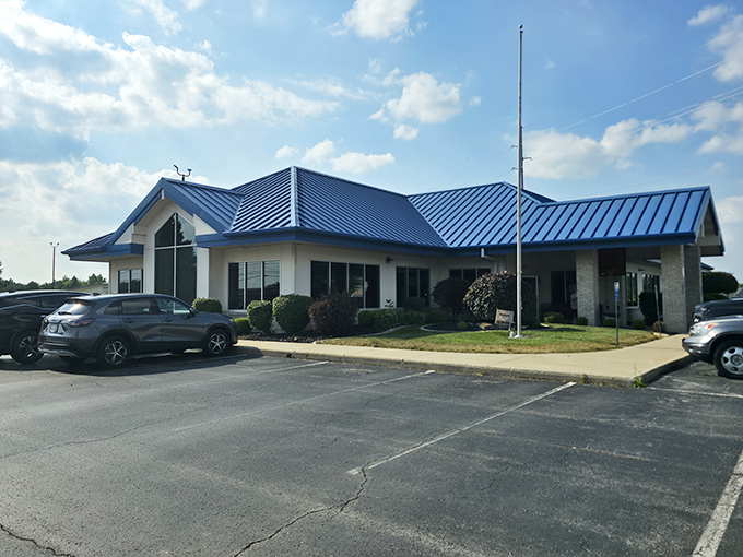 The blue-roofed beacon of comfort food stands proudly against the Ohio sky, promising delicious rewards for those wise enough to stop.