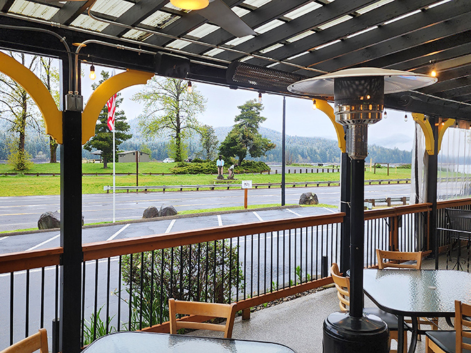The covered patio at Point Restaurant offers a front-row seat to Oregon's natural splendor. Mountain views and fresh air make every bite taste better.
