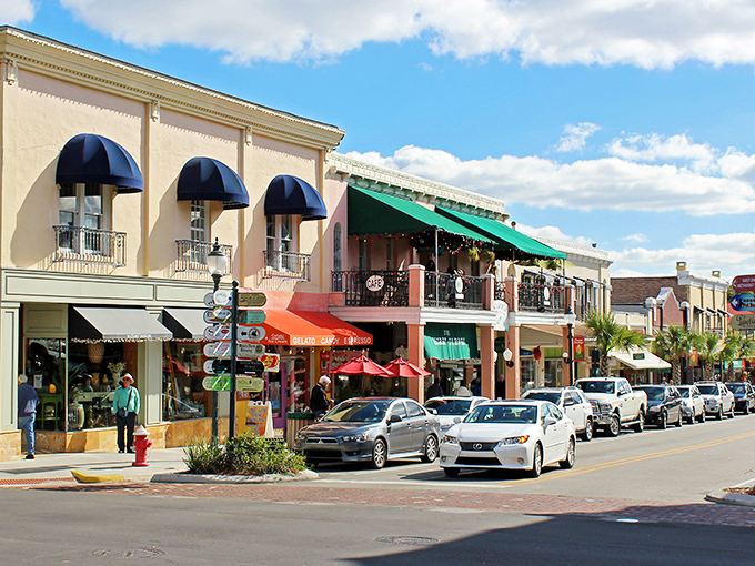 Downtown Mount Dora's colorful directional signs point the way to adventure, like a treasure map for grown-ups with better restaurants at the end.