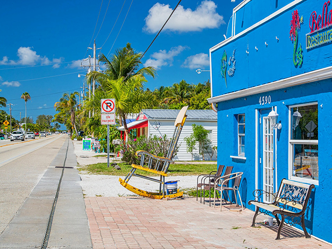 Matlacha's Main Street gives new meaning to "color therapy." The vibrant storefronts create a kaleidoscopic welcome that instantly lifts your mood. 