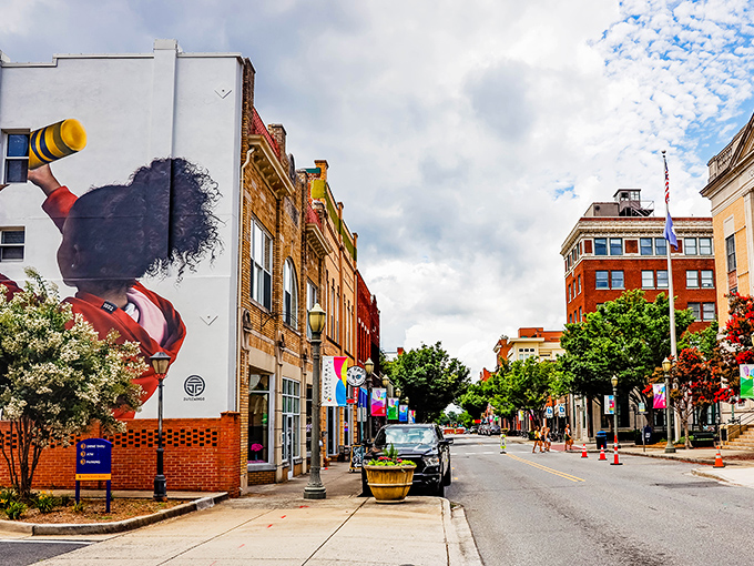 Downtown York's vibrant murals tell stories without saying a word. This colorful streetscape blends historic architecture with modern artistic expression.