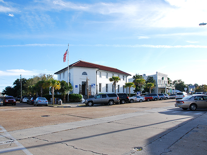 Downtown Apalachicola greets visitors with colorful bunting and historic brick buildings, like a movie set where everyone actually lives their best Florida life.
