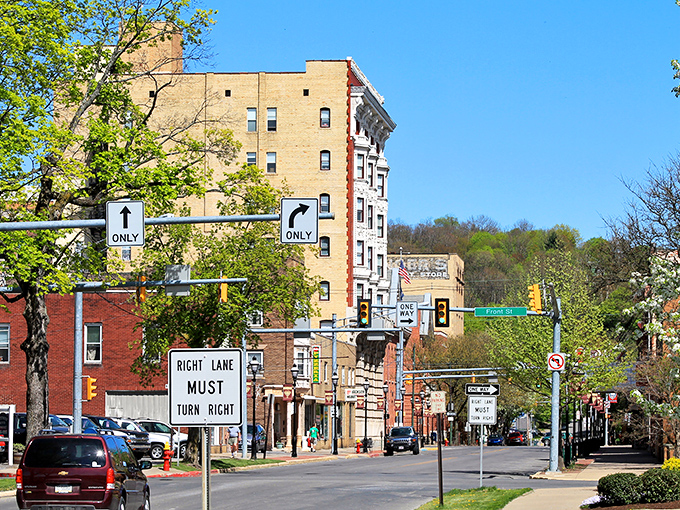 Downtown Clearfield greets visitors with historic charm and small-town character. The Dimeling Hotel's stately presence anchors a skyline that whispers stories of Pennsylvania's past.