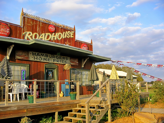 Like a Texas time machine with a wooden boardwalk entrance, Roadhouse stands proudly against that impossibly blue Bastrop sky, promising honest food and zero pretension.