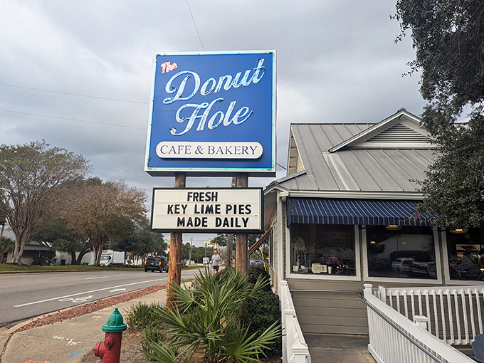The iconic blue sign beckons hungry travelers like a lighthouse for the donut-obsessed. Fresh key lime pies are just a bonus.