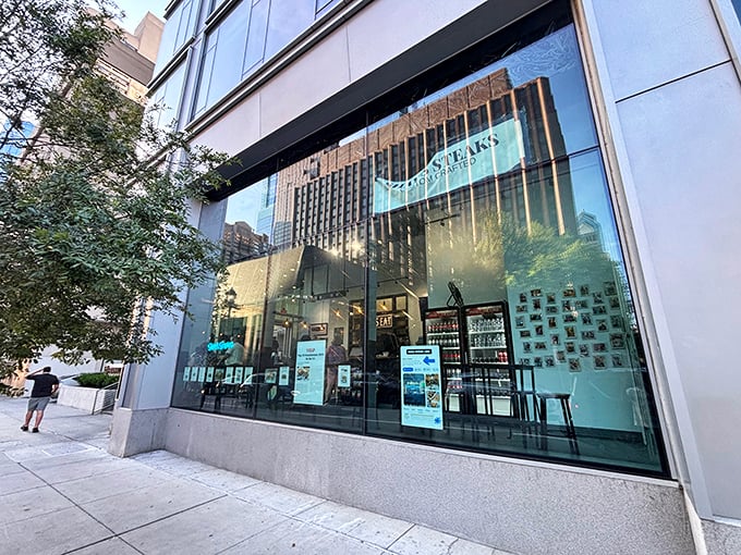 The sleek, modern storefront of Shay's Steaks stands out in Center City Philadelphia, where cheesesteak traditions meet contemporary design sensibilities.