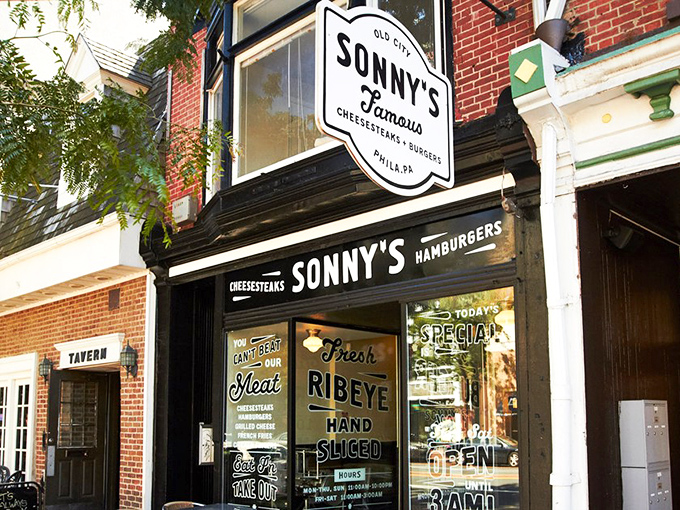 The classic brick storefront of Sonny's Famous Steaks stands like a beacon of hope for the hungry in Philadelphia's historic Old City neighborhood.