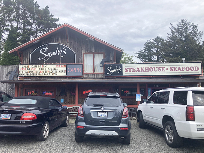 Nestled among towering evergreens, Szabo's rustic A-frame exterior with its bright red trim promises comfort food paradise inside.