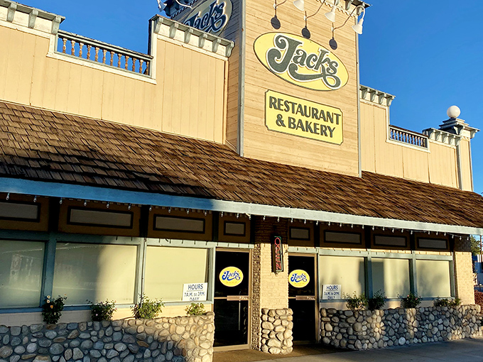 Jack's iconic facade stands like a beacon for hungry travelers on Highway 395, promising comfort food salvation in the Eastern Sierra.